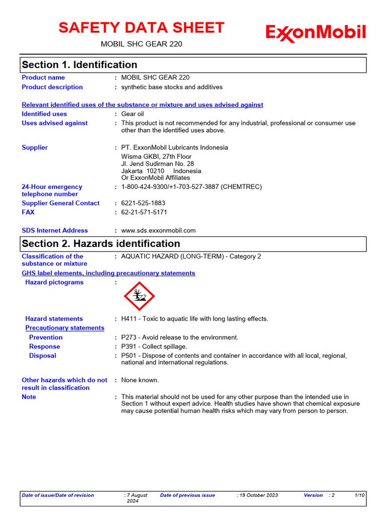 Mobil SHC Gear 220 Safety Data Sheet | PDF | Waste Management | Waste