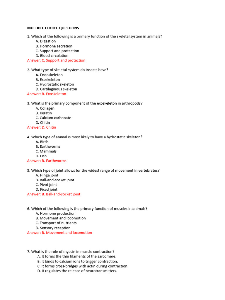 Animal Skeletal and Muscle Systems Quiz | PDF | Muscle Contraction ...