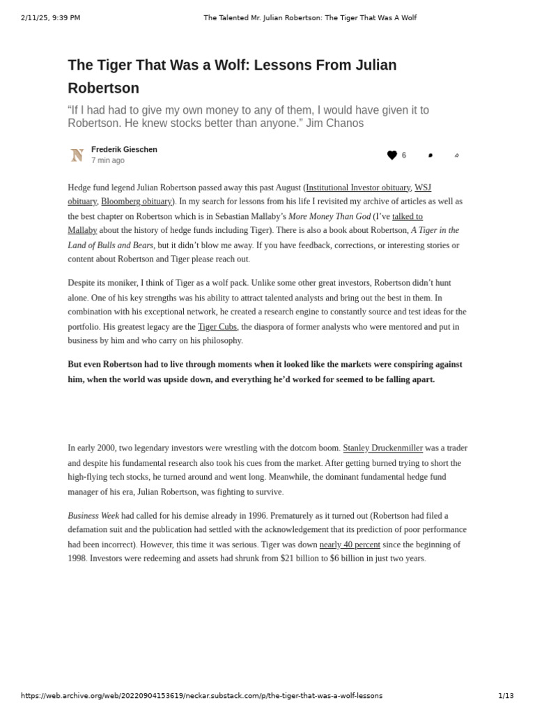 The Talented Mr. Julian Robertson - The Tiger That Was A Wolf | PDF ...