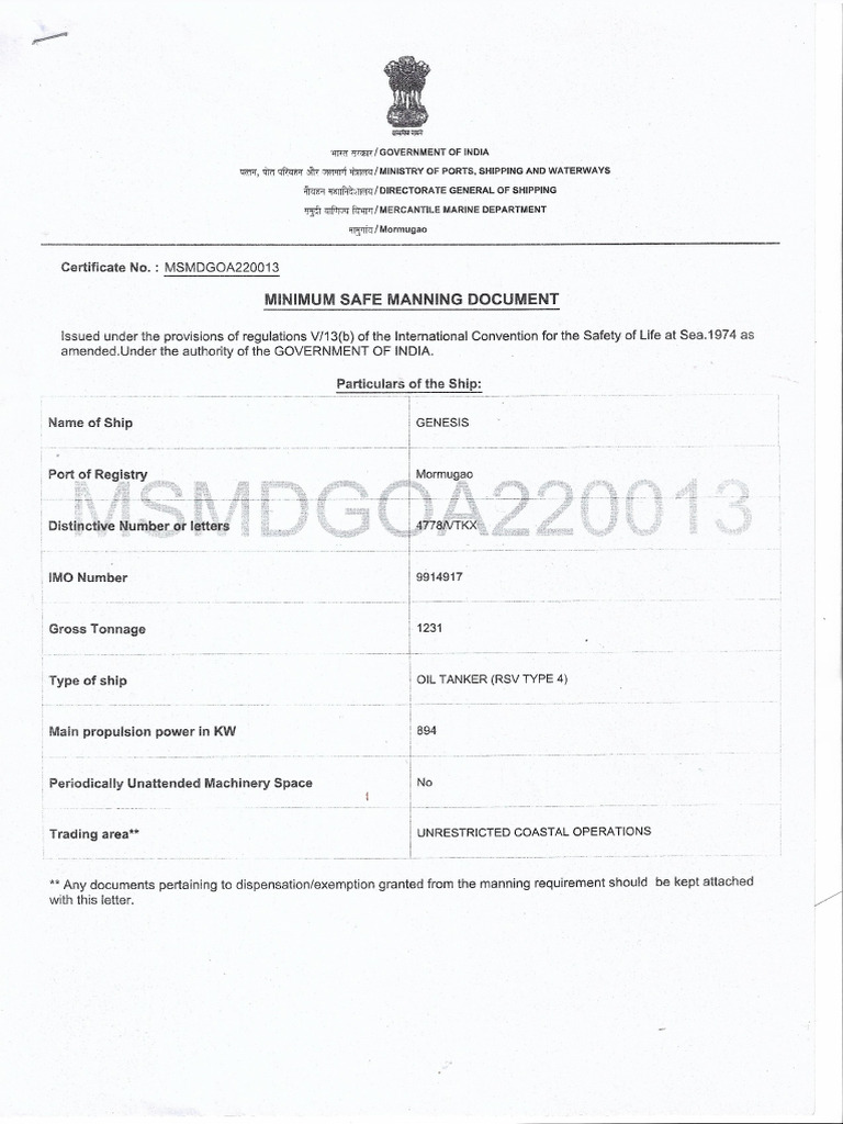 Minimum Safe Manning Document (Unrestricted Coastal Operations) | PDF