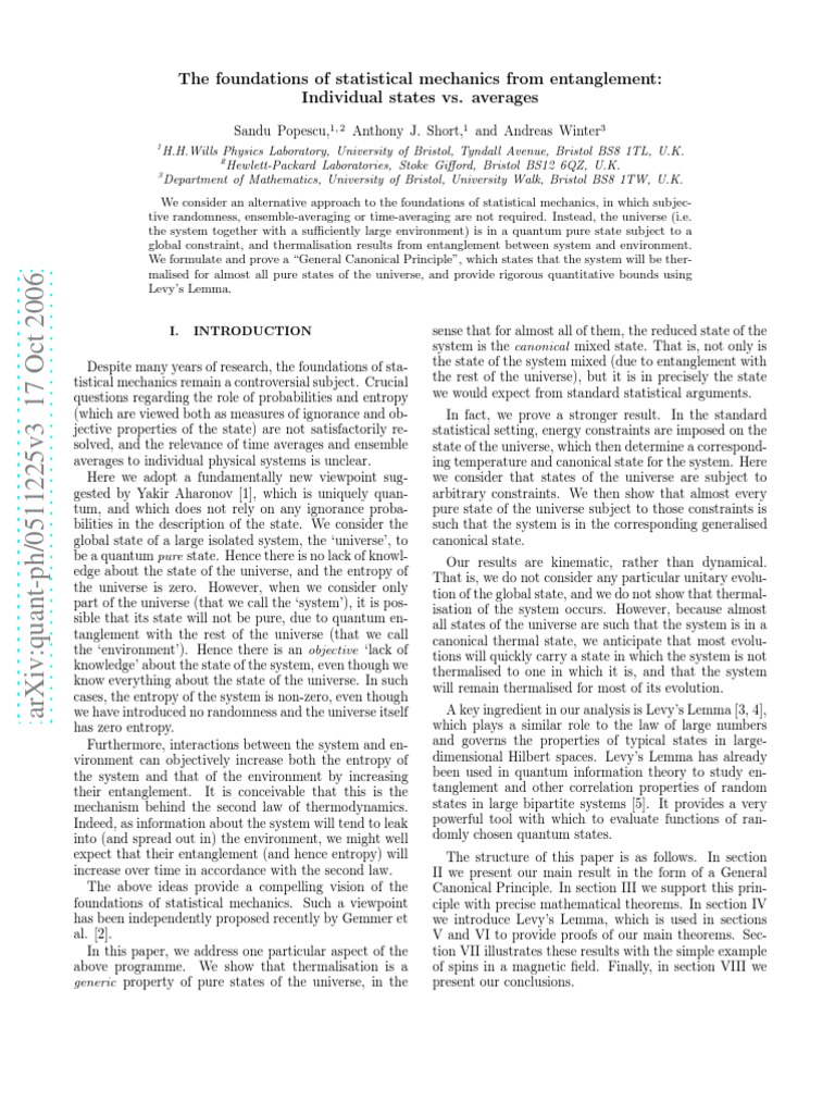 The Foundations of Statistical Mechanics From Entanglement: Individual ...
