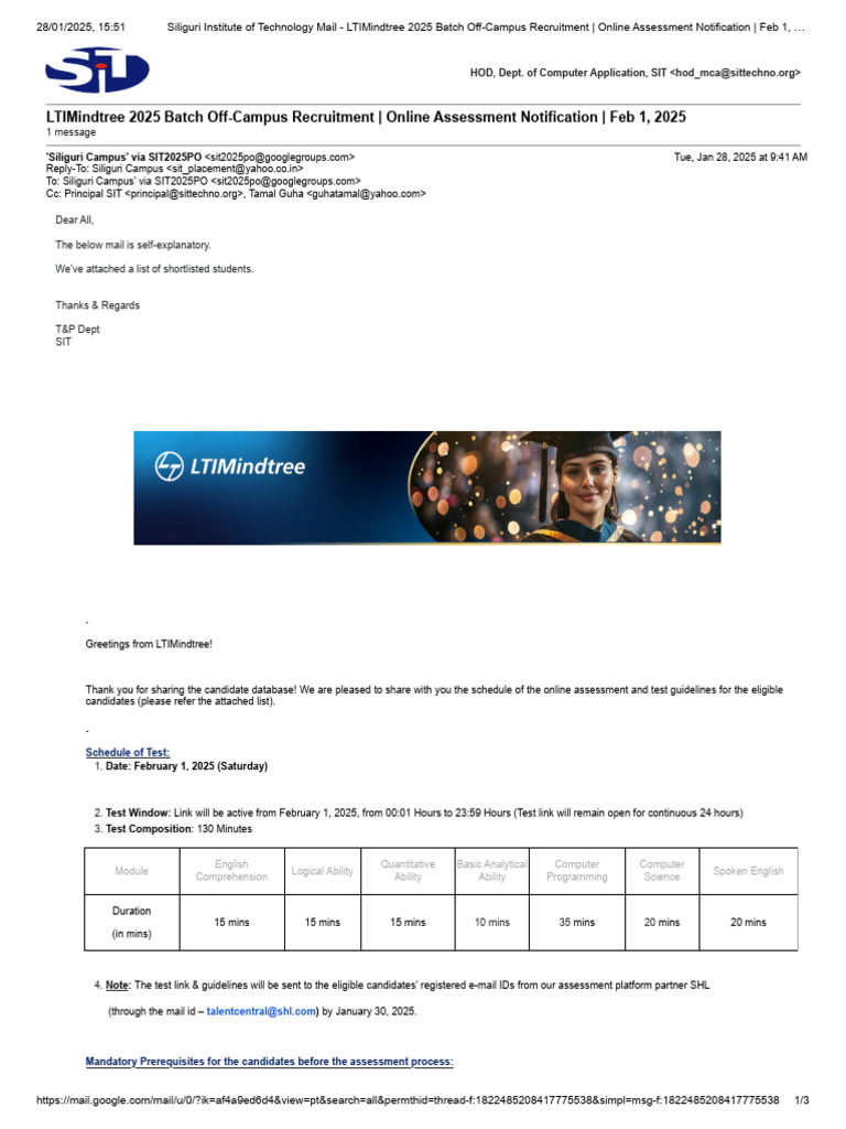 Siliguri Institute of Technology Mail - LTIMindtree 2025 Batch Off ...