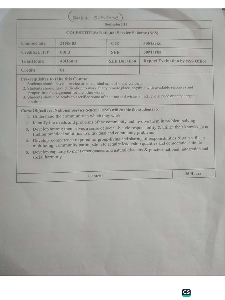 NSS, 2021 Scheme Syllabus | PDF