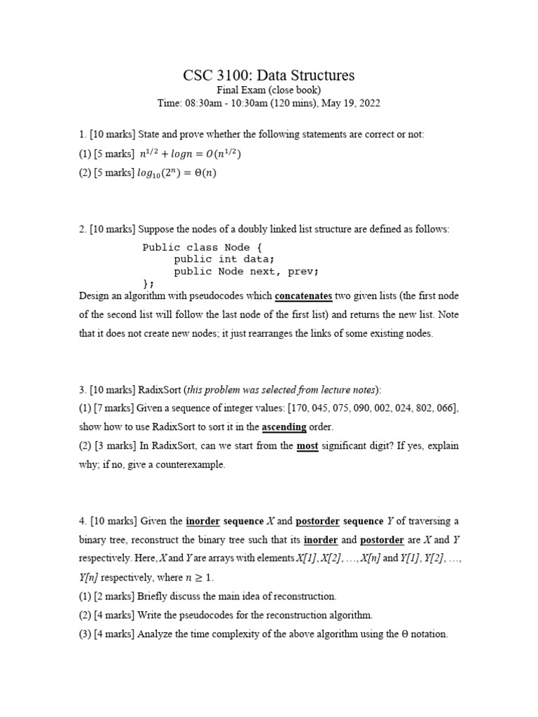 Final Exam Paper Csc3100 Data Structures Pdf Algorithms And Data Structures Computer
