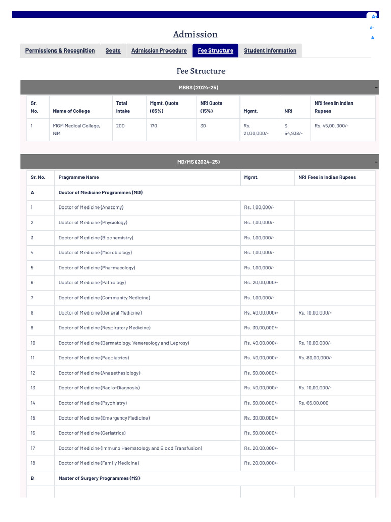 MGM Mumbai Revised Fee Structure | PDF | Doctor Of Medicine | Medicine