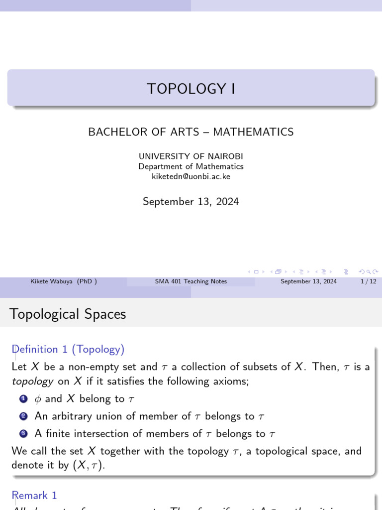 Sma 401 Topology i Arts | PDF | Topology | Mathematical Concepts