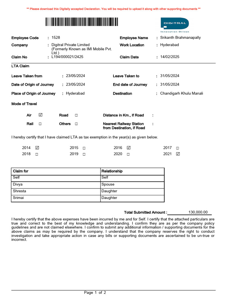 Employee LTA Claim Declaration | PDF | Taxation | Payments