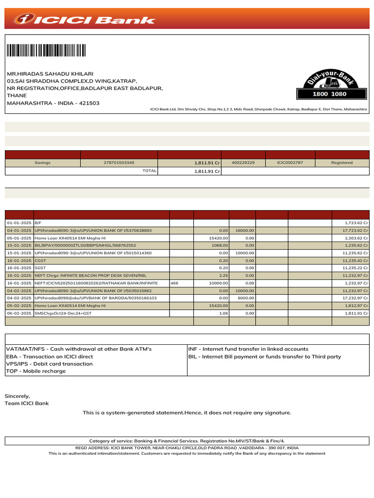 278701503345_2025-01-01_2025-02-13_130220251475_PHYSICAL_STMT_2 | PDF | Banks | Business