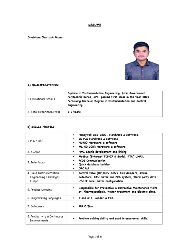 CV-Shubham Santosh Mane | PDF | Programmable Logic Controller | Databases