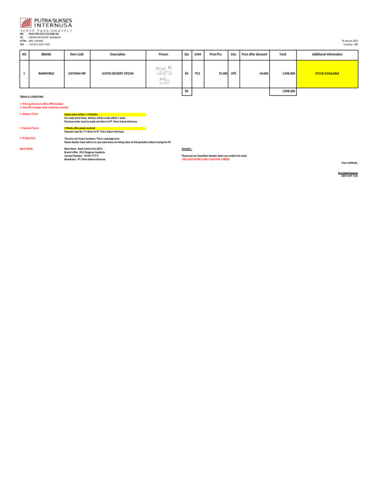Quotation for Sheraton Surabaya Order | PDF | Banking