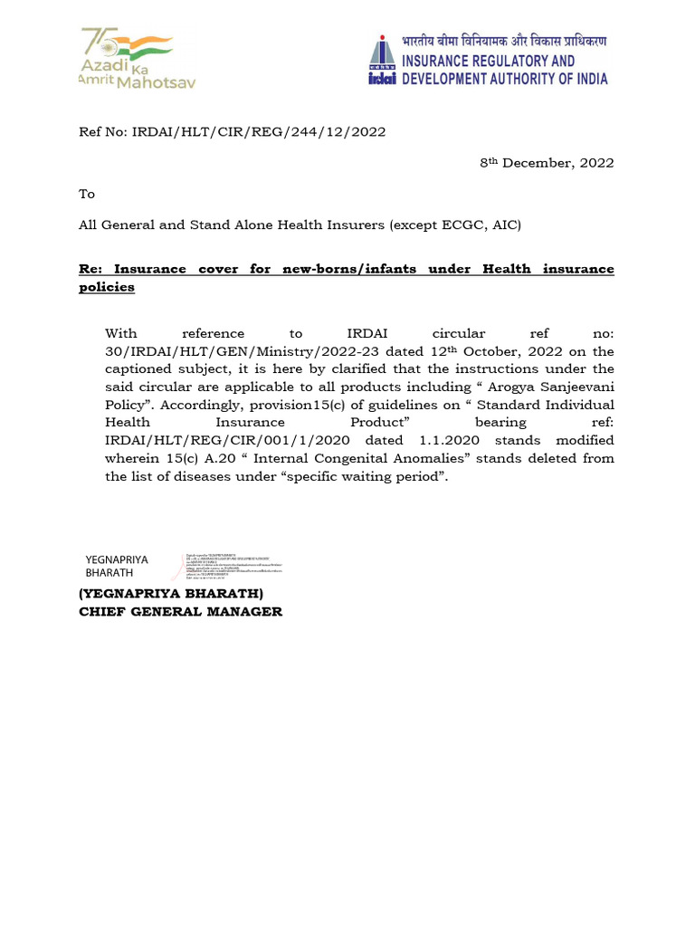 Circular on Insurance cover for new-born-infants | PDF