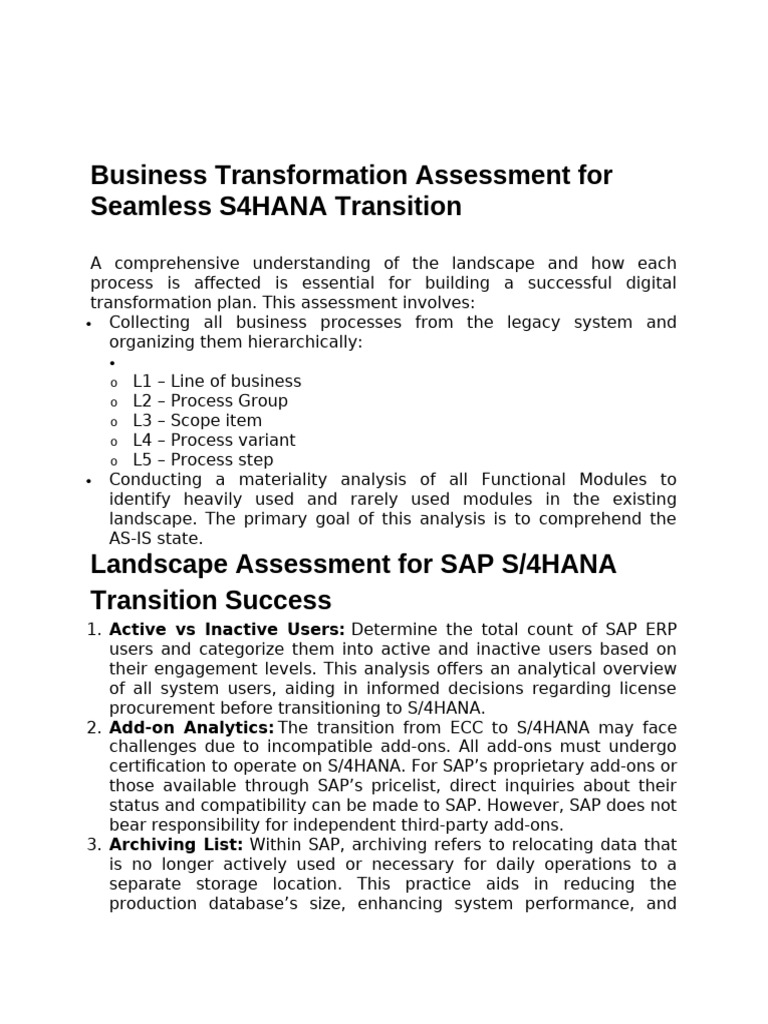 Business Transformation Assessment For Seamless S4HANA Transition | PDF | System | Business