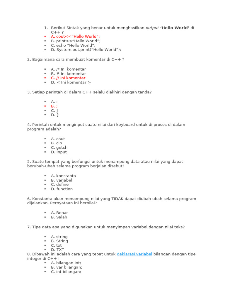 Kuis Dasar Pemrograman C++ | PDF