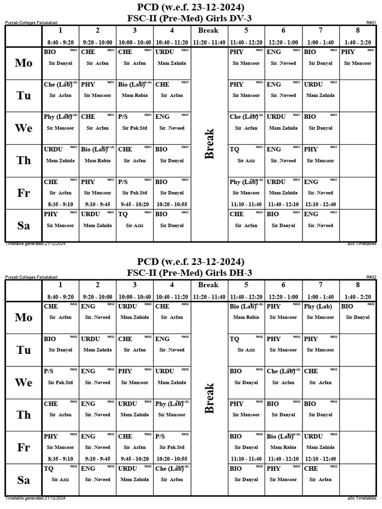 Classes Timetable (23!12!24) | PDF | Urdu