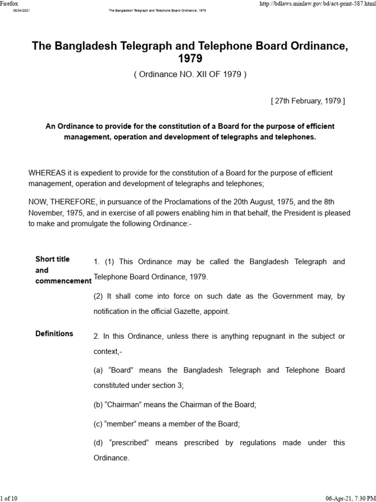 6.4.1 - The Bangladesh Telegraph and Telephone Board Ordinance, 1979 ...
