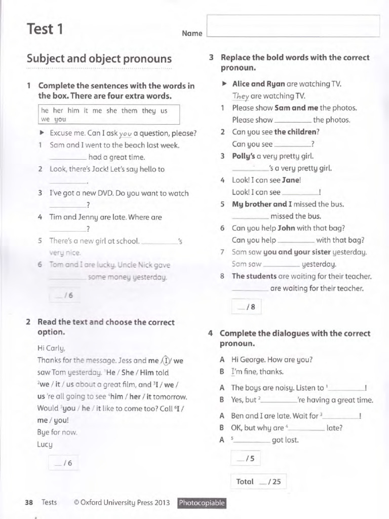 Test 1 Subject and object pronouns | PDF | Linguistics | Syntax