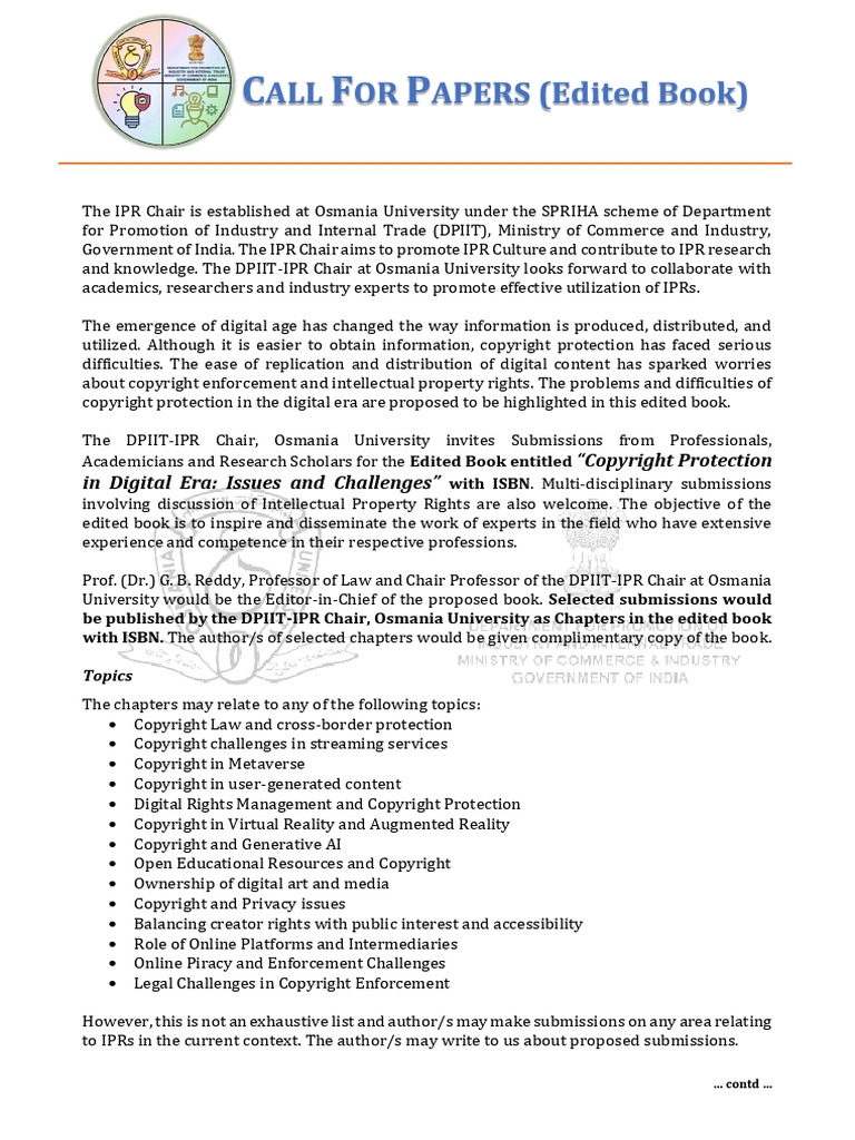 Call For Submissions Edited Book Dpiit Ipr Ou 2025 | PDF | Citation | Intellectual Property