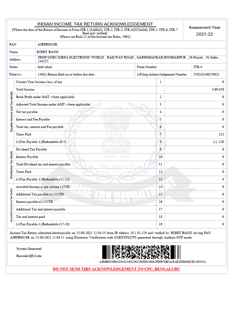 ROHIT BASSI ITRV AY 202122 | PDF | Taxes | Money