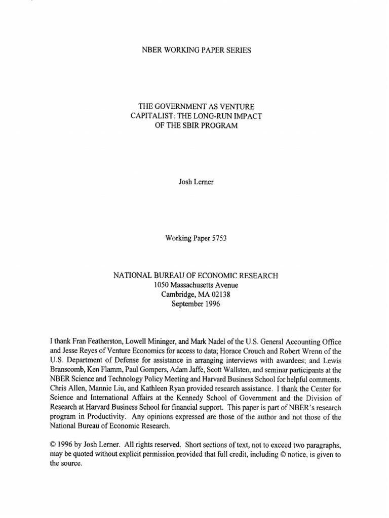 1996 (NBER Working Paper) The Government As Venture Capitalist The Long ...