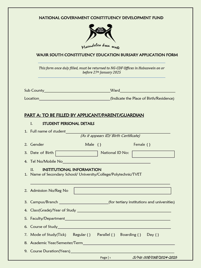 Wajir South-Ngcdf-Bursary-Application Form 2025 | PDF | Identity Document