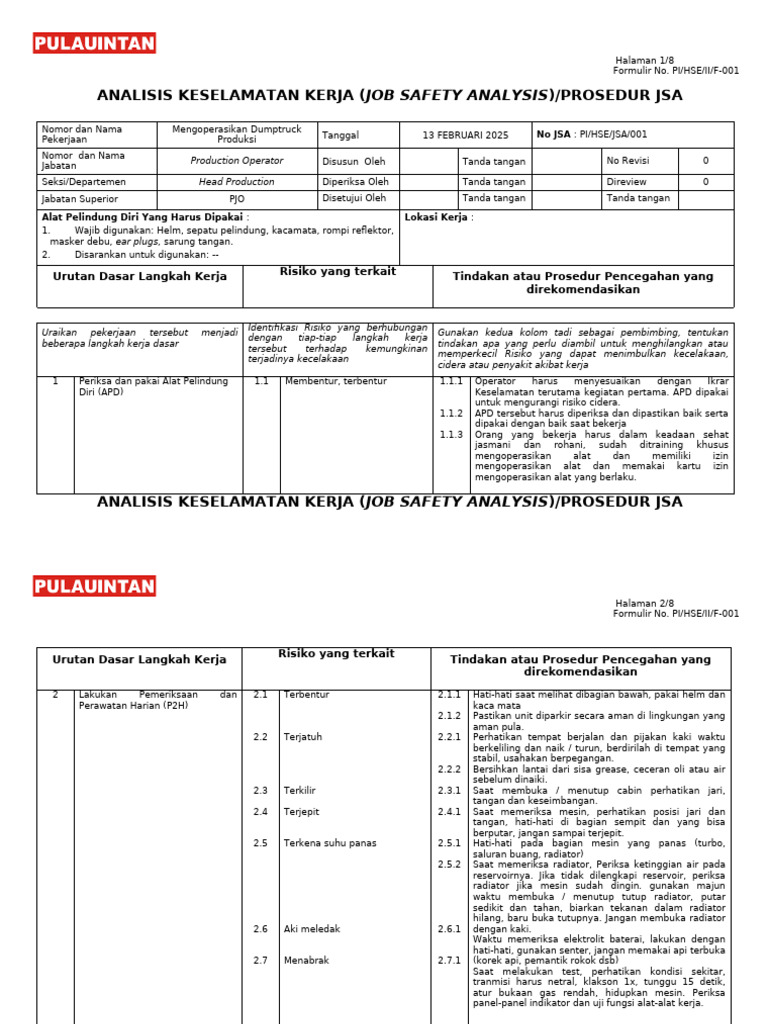 JSA Operasi Dumptruck Aman | PDF