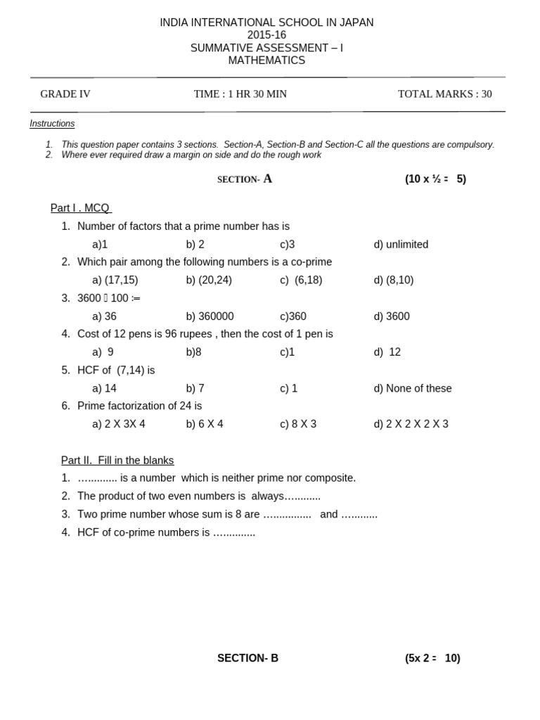 SA1 Grade 4 2015 Maths - Main | PDF | Algebra | Discrete Mathematics