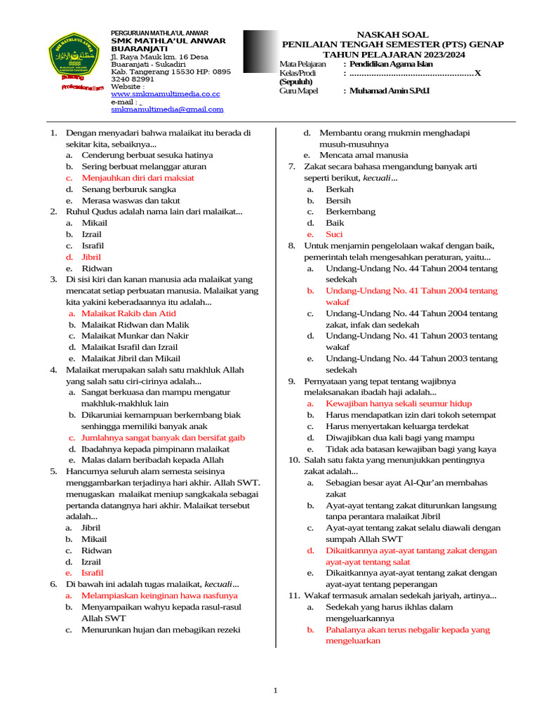 Template Soal PTS Genap 2024 - PAI X | PDF