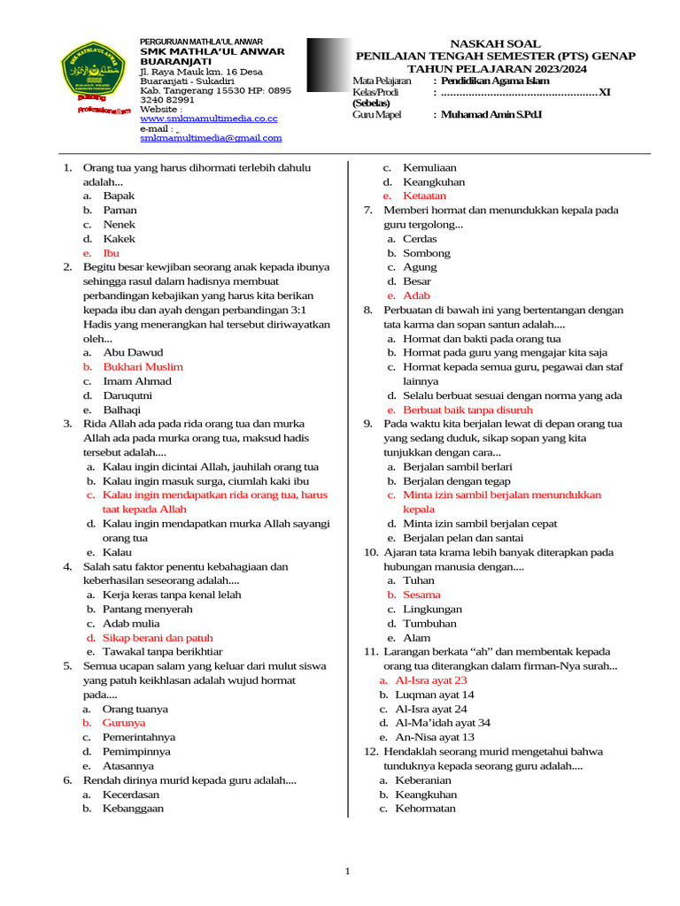 Template Soal PTS Genap 2024 - PAI XI | PDF