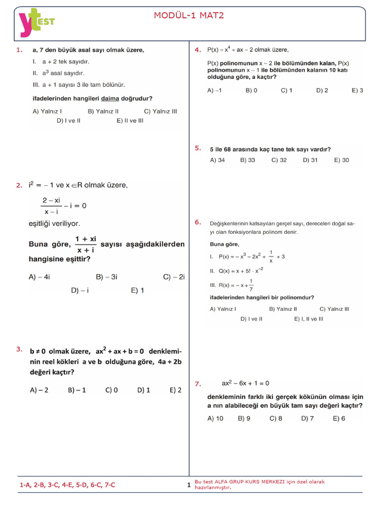 Mat2 Modül1 20 Soru Tn2 Mf3 | PDF