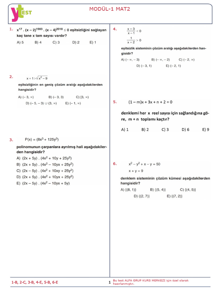 Mat2 Modül1 40 Soru Tn2 Mf3 | PDF