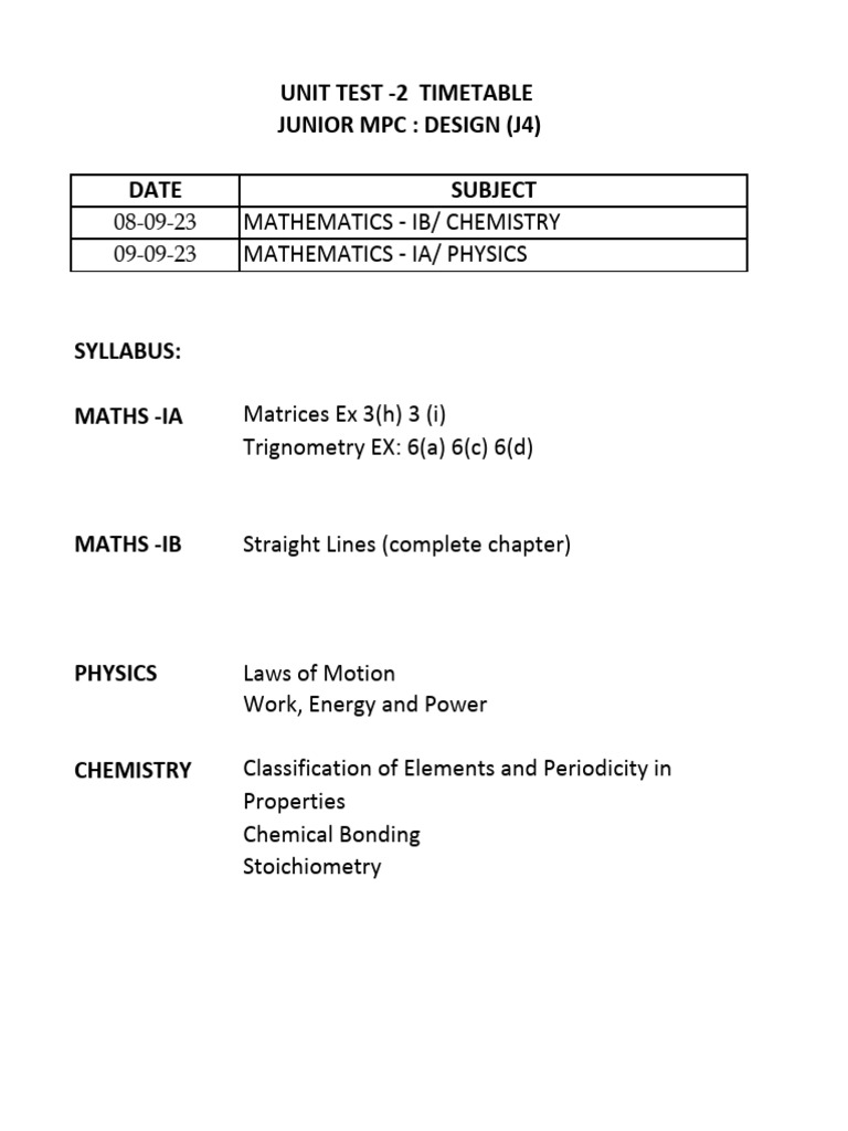 Junior MPC: Design (J4) Unit Test - 2 Timetable | PDF