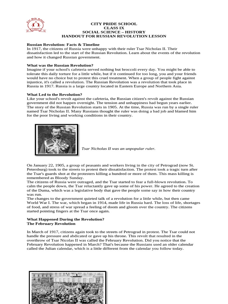 Handout For Lesson - Russian Revolution | PDF | Russian Revolution ...