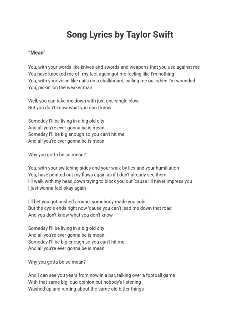 Taylor Swift Song Lyrics | PDF