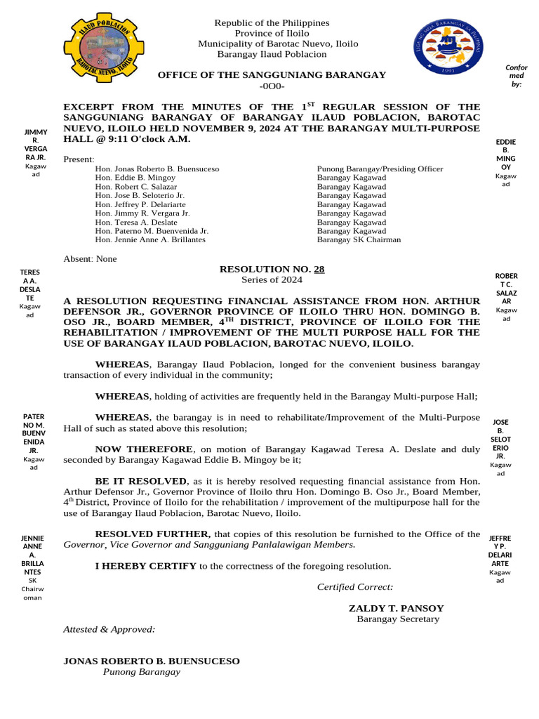 Resolution 28 A Resolution Requesting Financial Assistance From Hon ...