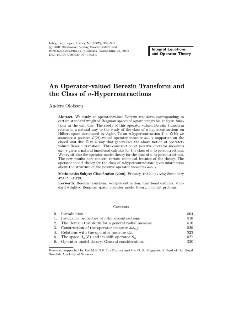 An Operator-Valued Berezin Transform and The Class of N-Hypercontractions | PDF | Hilbert Space ...