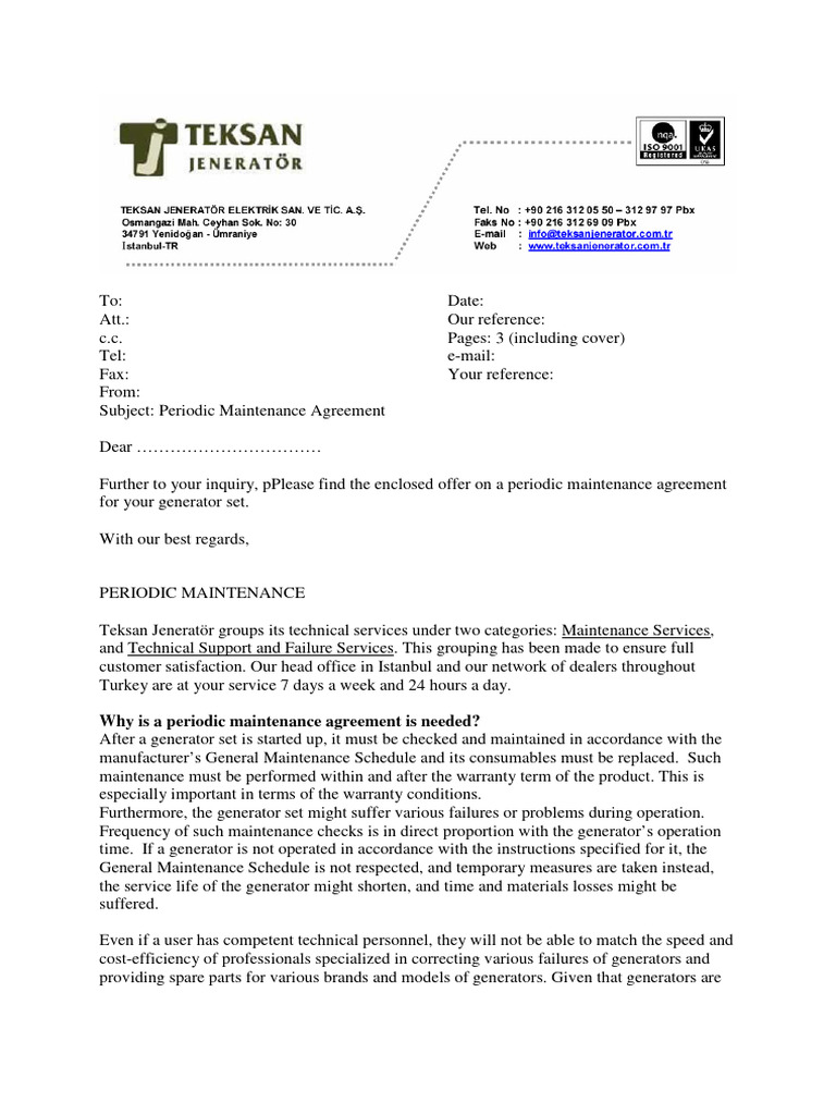 Generator Maintenance Agreement | PDF | Value Added Tax | Fee