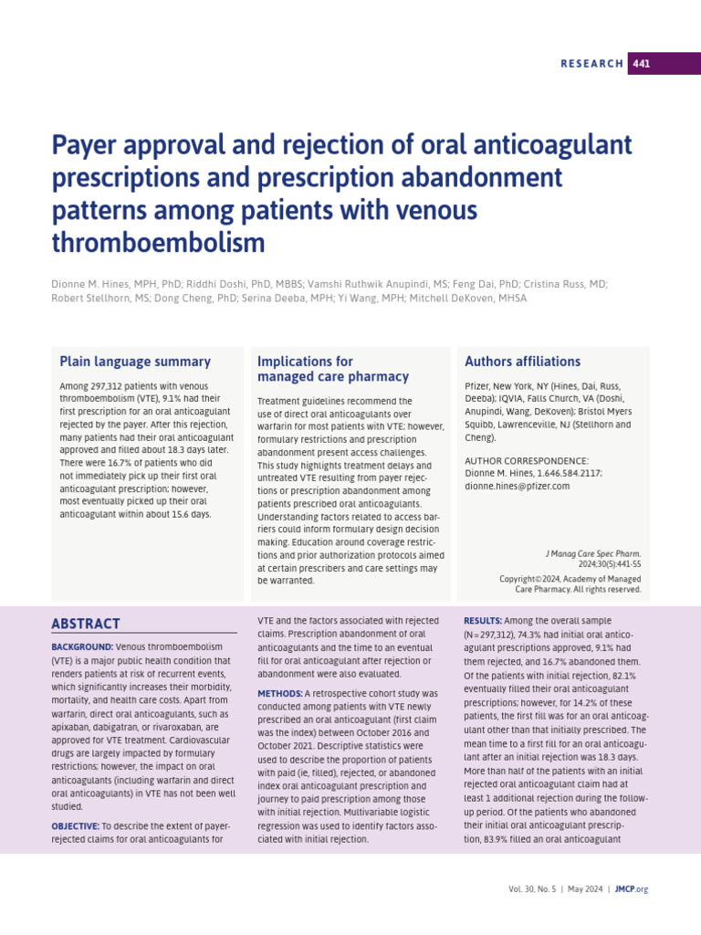Hines Et Al 2024 Payer Approval and Rejection of Oral Anticoagulant ...