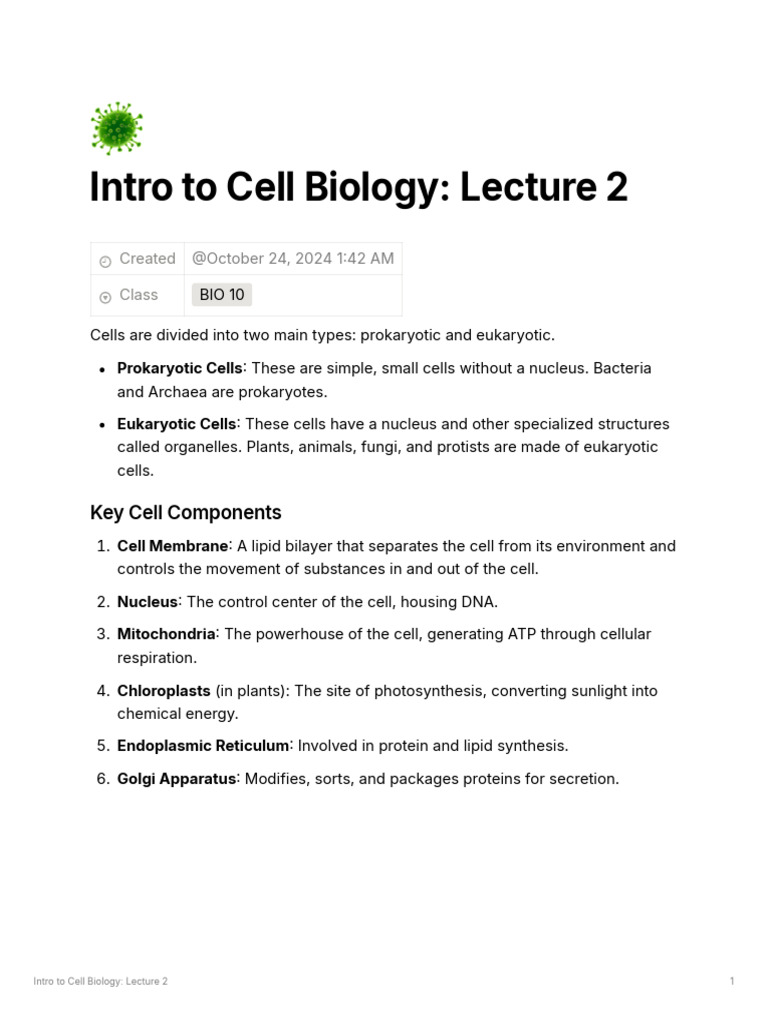 Intro To Cell Biology Lecture 2 | PDF