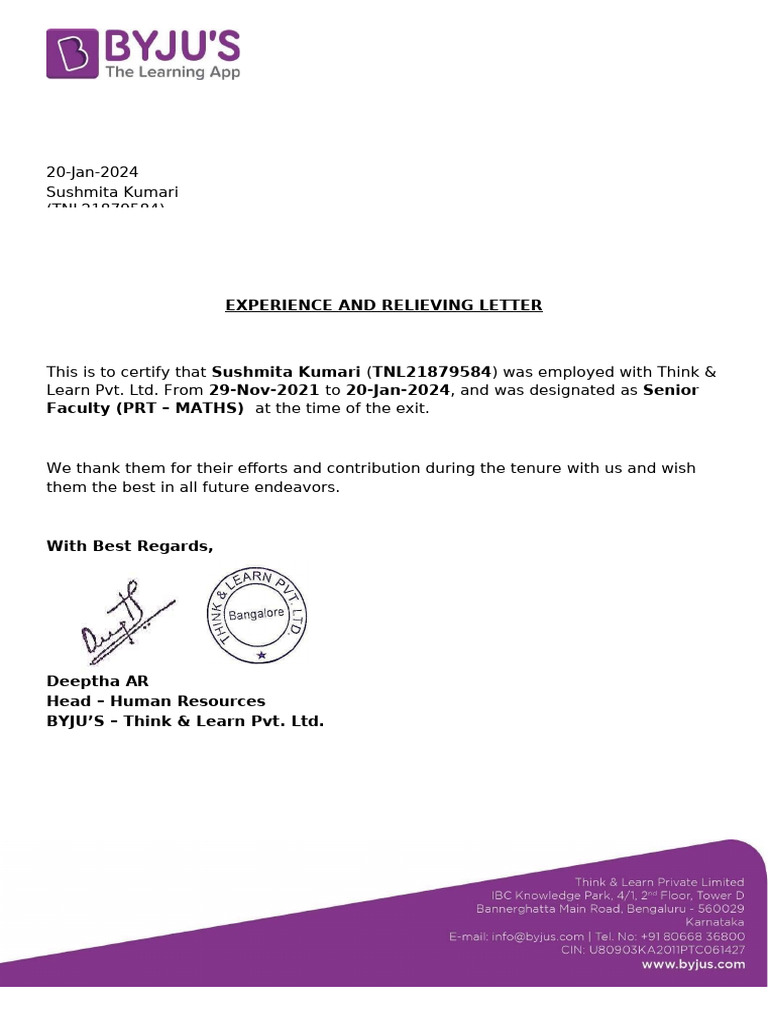 BYJUS Relieving Letter | PDF