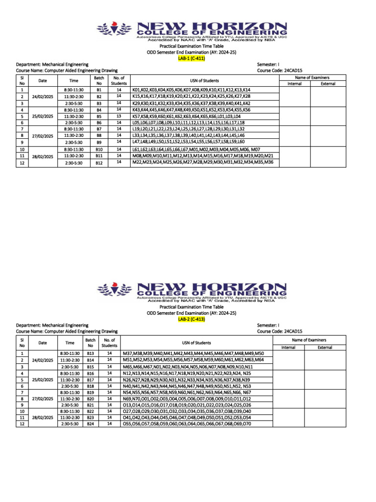 Practical Exam Timetable for CAD | PDF