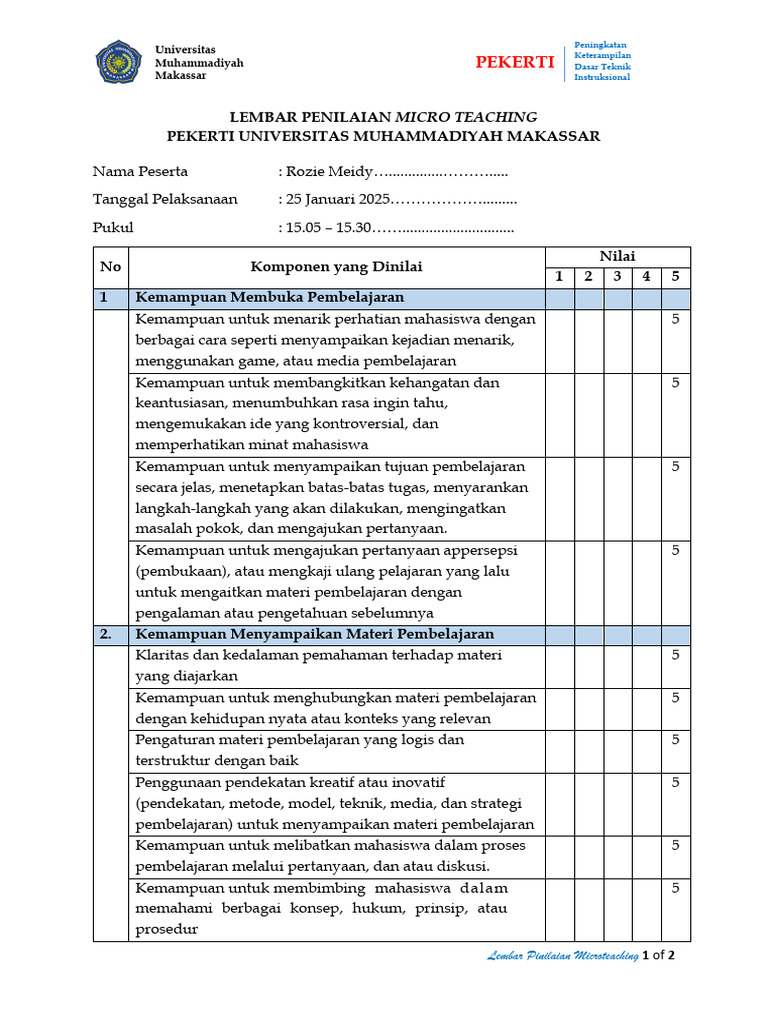 10.2 Penilaian - Microteaching Pekerti Batch4 - Rozie Meidy | PDF