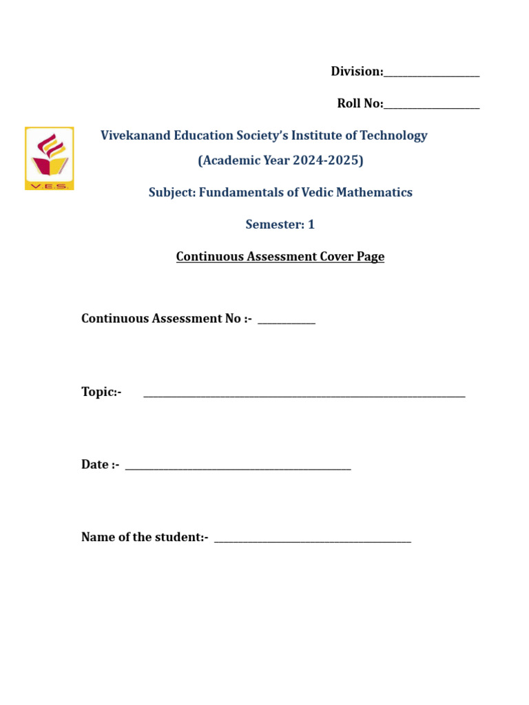 Continuous Assessment Cover Page 2024-25 - FVM | PDF