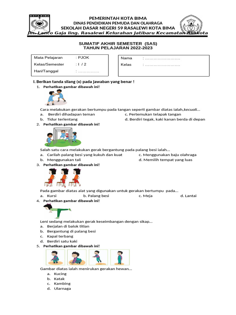 Soal PAT PJOK Kelas 1 K13 | PDF