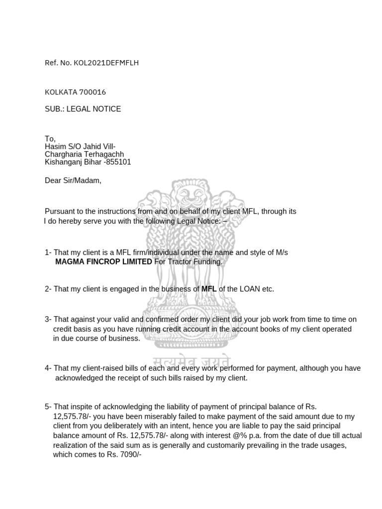 Legal Notice Format For Recovery of Money PDF | PDF | Private Law