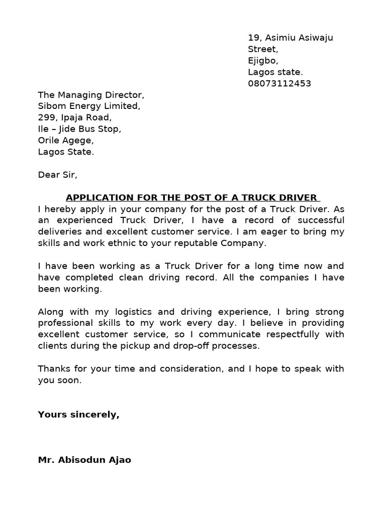 Application For The Post of A Truck Driver | PDF