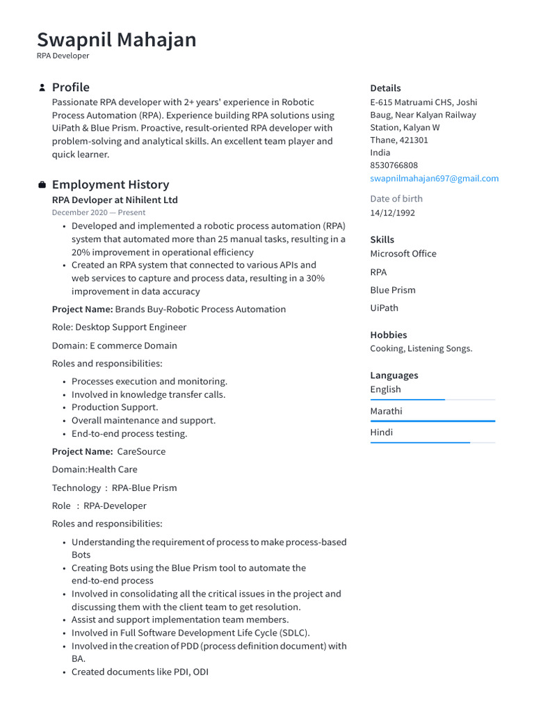 Swapnil Mahajan - RPA Developer | PDF | Computer Science | Computing