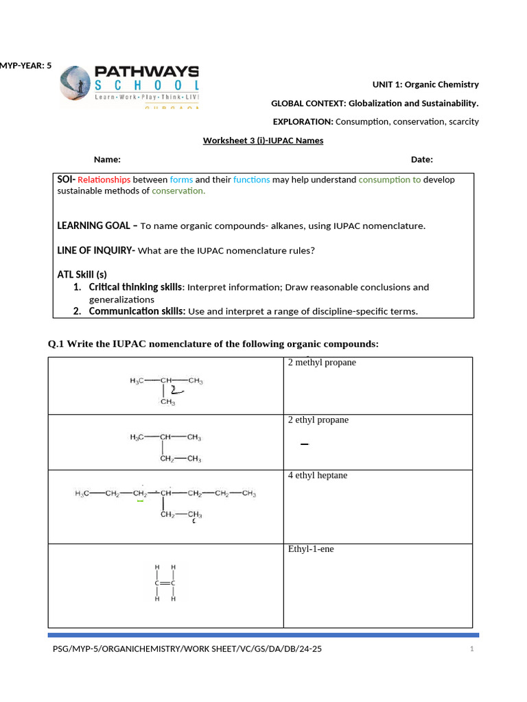 Work Sheet - 3 (I) IUPAC Nomenclature | PDF
