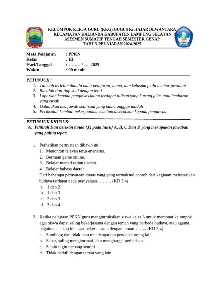 Soal PPKN Kelas 3 Semester Genap | PDF