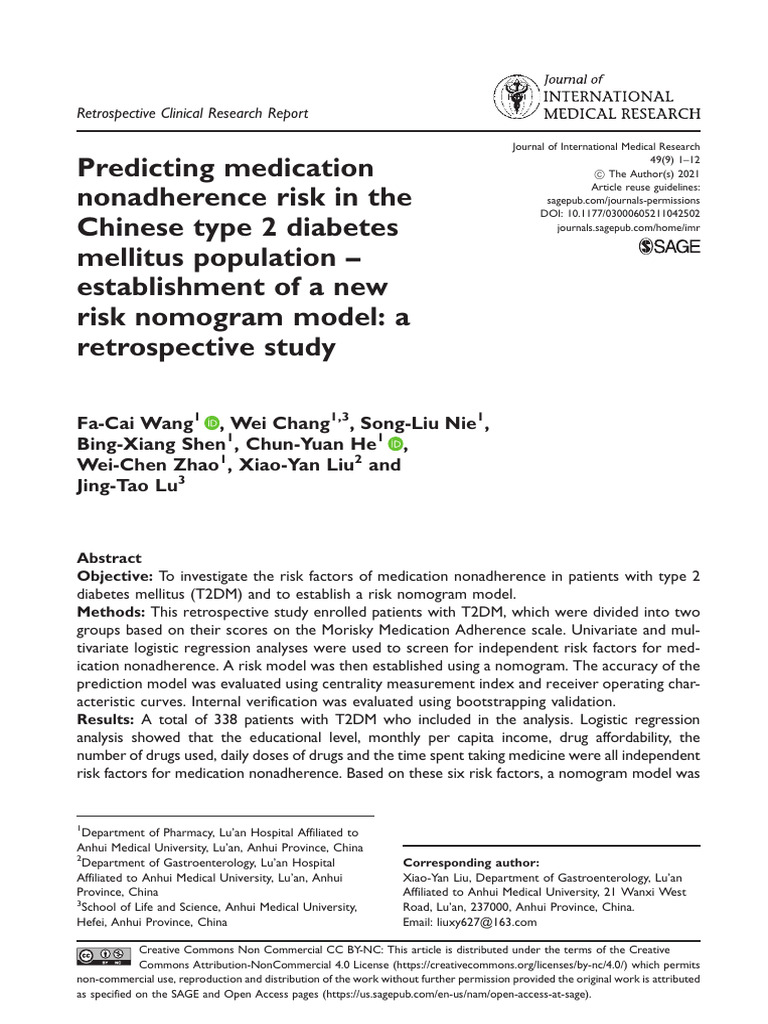 Predicting Medication Nonadherence Risk in The Chinese Type 2 Diabetes ...