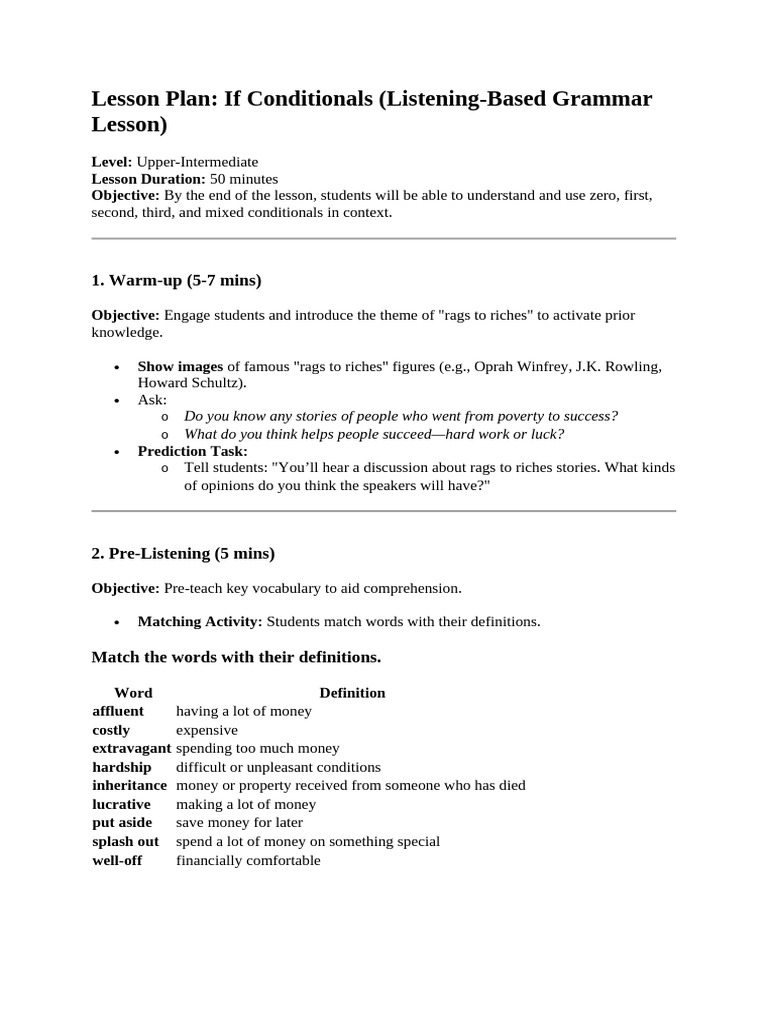 Lesson Plan conditionals-listening unit 9 | PDF | Human Communication ...